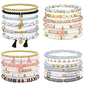Jadive 24 Pieces 4 Set Bead Bracelets Heishi Stackable Bracelets for Women Clay Boho Disc Bracelets Y2K Aesthetic Layering Boho Surfer Bracelets Bohemian Bracelet Christmas Beach Jewelry for Women