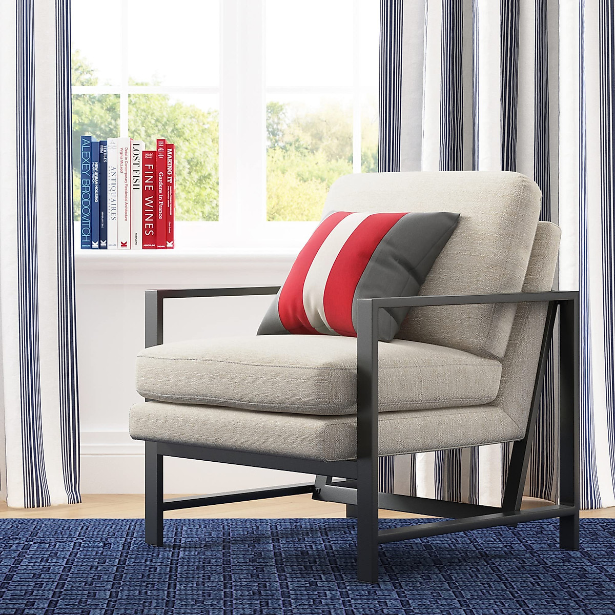 Tommy Hilfiger Russell AccentChair, Medium-Soft Pillow Back, Mid-Century Modern & Industrial Armchair, Comfortable LoungeChair for Living Room, Bedroom, or Office, Gray Square Metal Frame in Linen