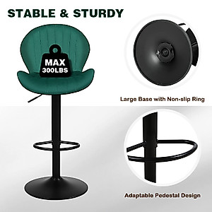 Youhauchair Modern Bar Stools Set of 2, Velvet Height Adjustable Swivel Barstools, Armless Kitchen Island Counter Chairs with Back & Footrest, Green