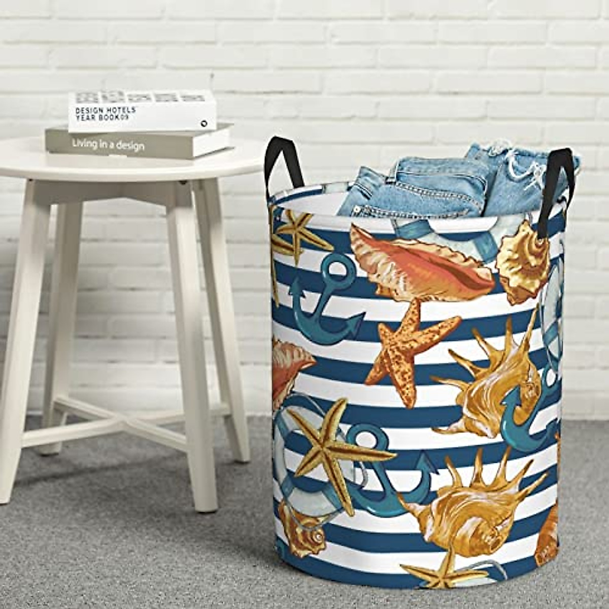 Laundry Basket,Summerwith Sea Shells Anchor,Large Canvas Fabric Lightweight Storage Basket/Toy Organizer/Dirty Clothes Collapsible Waterproof For College Dorms-Large