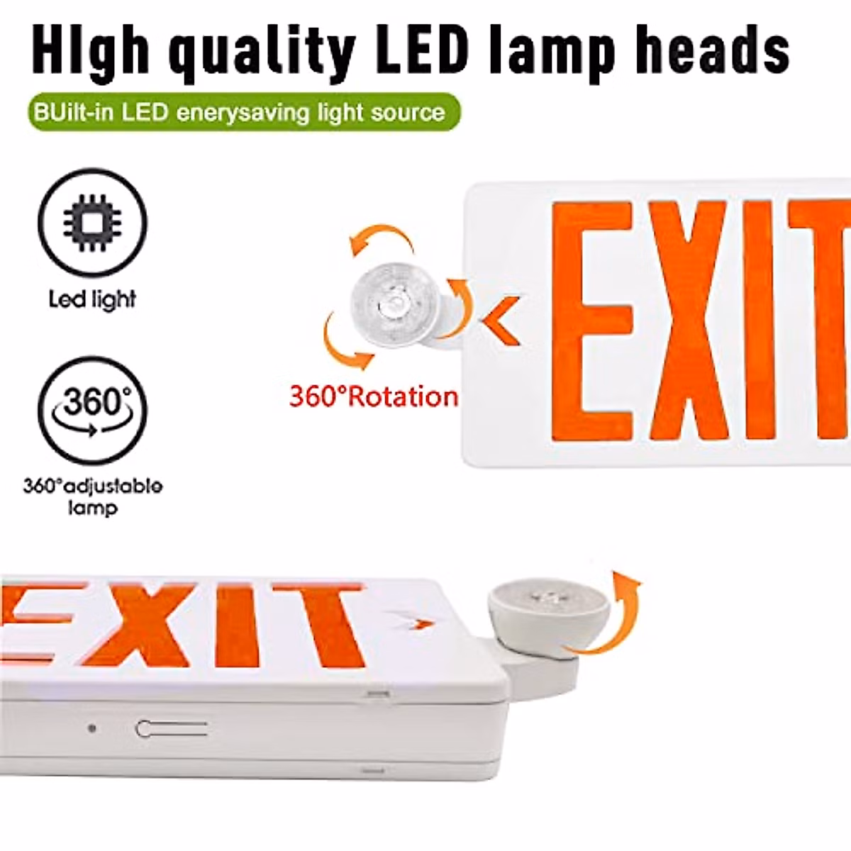 OSTEK Red LED Exit Sign with Emergency Lights，Two LED Adjustable Head Emergency Exit Lights with Battery Backup, Dual LED Lamp ABS Fire Resistance UL-Listed 120-277V