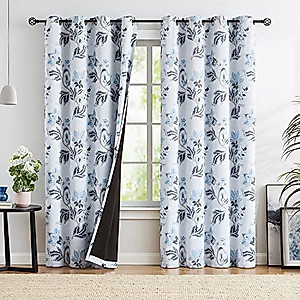 Blue White Blackout Curtains for Bedroom Living Room 84inch Long Floral Vine Leaf Curtain Panels Triple Weave Thermal Insulated Curtain Drapes 50" W 2 Panels