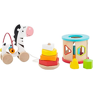 Small Foot Wooden Toys Motor Skills Toy Playset Collection with Pull-Along Zebra, Stacking Tower & Shape Sorting Games Designed for Children 12+ Months, Multi (11106)