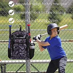 ZOEA Baseball Bat Bag Backpack, T-Ball & Softball Equipment & Gear for Youth, Large Capacity Holds 2 Bats, Helmet, Gloves, Cleats, Helmet Holder and Includes Fence Hook (Black)