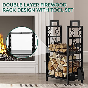 YITAHOME 2.6x1.3ft Firewood Rack Tools Set Wood Log Holder for Fire Place Outdoor Indoor Accessories - 2 Layer Iron with Brush, Shovel, Tong, Hook, Lumber Kit Storage Stacking, Black
