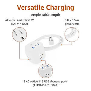 Amazon Basics Power Strip Cube 3 Outlet 3 USB Ports, 1 USB-C(15W) and 2 USB-A(12W), 5 ft Extension Cord, Home, Office, Travel, White