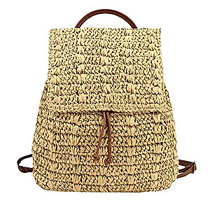 Meyaus Women Large Straw Woven Backpack Flap Drawstring Daypack Beach Shoulders Bag