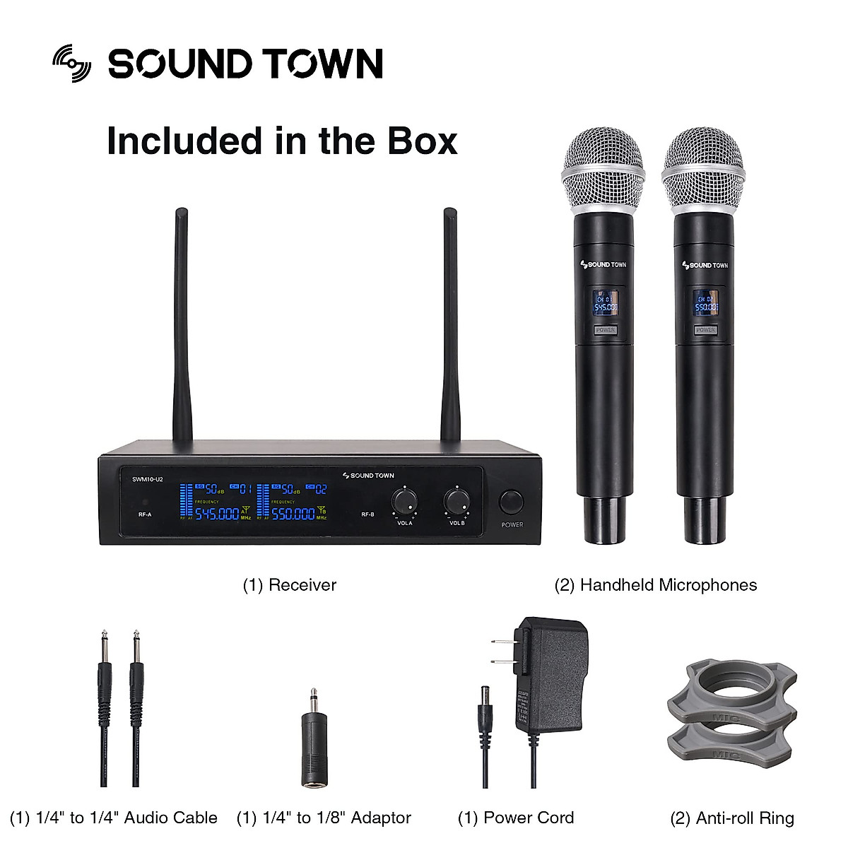 Sound Town SWM10-U2HH Professional Dual-Channel UHF Wireless Microphone System with 2 Handheld Mics, for Church, Business Meeting, Outdoor Wedding and Karaoke