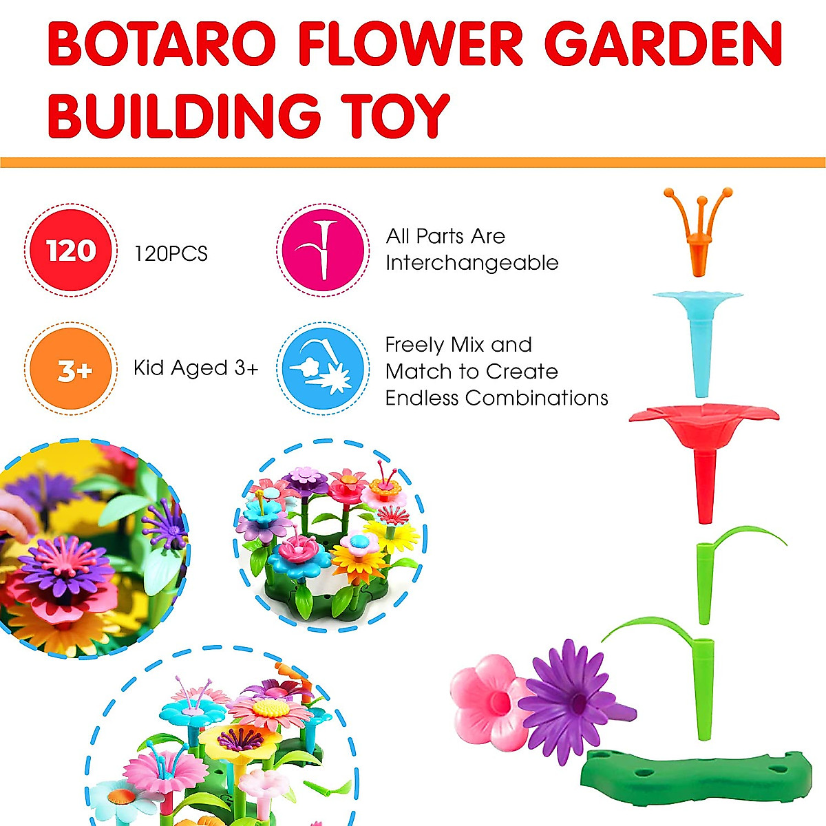 BOTARO Flower Garden Building Toys STEM Educational Toys for Girls, Flower Pretend Gardening Gift for Birthday Chrismas New Year (120PCS)