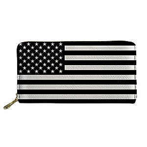 WELLFLYHOM Black American Flag Leather Wallet Ladies Clutch Purse Zip Around Credit Card Passport Cash Organizer for Women Young Men