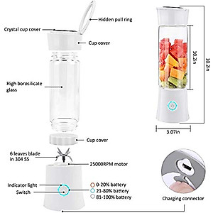 Portable Personal Blender, Household Juicer fruit shake Mixer -Six Blades, BPA Free 480ml Baby cooking machine with USB Charger Cable (blue)