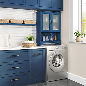 Topeakmart Over The Toilet Storage with 2-Door Tempered Glass Cabinet, Wooden Space-Saving with Toilet Rack and Inner Adjustable Shelf, L25xW9xH66, Navy Blue