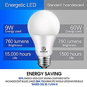 Energetic 4-Pack Light Bulbs 60 Watt Equivalent, A19 Daylight LED Light Bulbs, 15000 Hrs, E26 Base, UL Listed, Non-Dimmable, 9W 5000K Daylight Light Bulbs