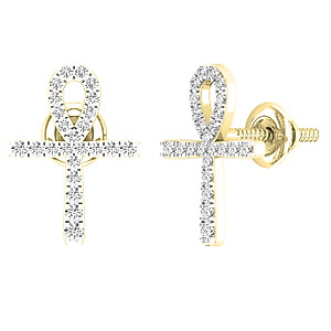 Dazzlingrock Collection - 0.25 Carat (ctw) Round White Diamond Ladies Ankh Cross Stud Earrings 1/4 CT, 10K Yellow Gold