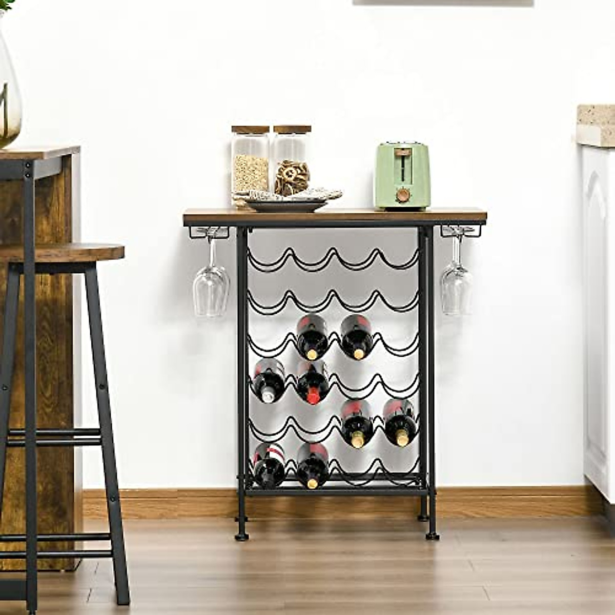 HOMCOM 24-Bottle Industrial Modern Wine Rack Table, Freestanding 6 Tier Wine Bottle Organizer with Glass Stemware Holder, Natural/Black