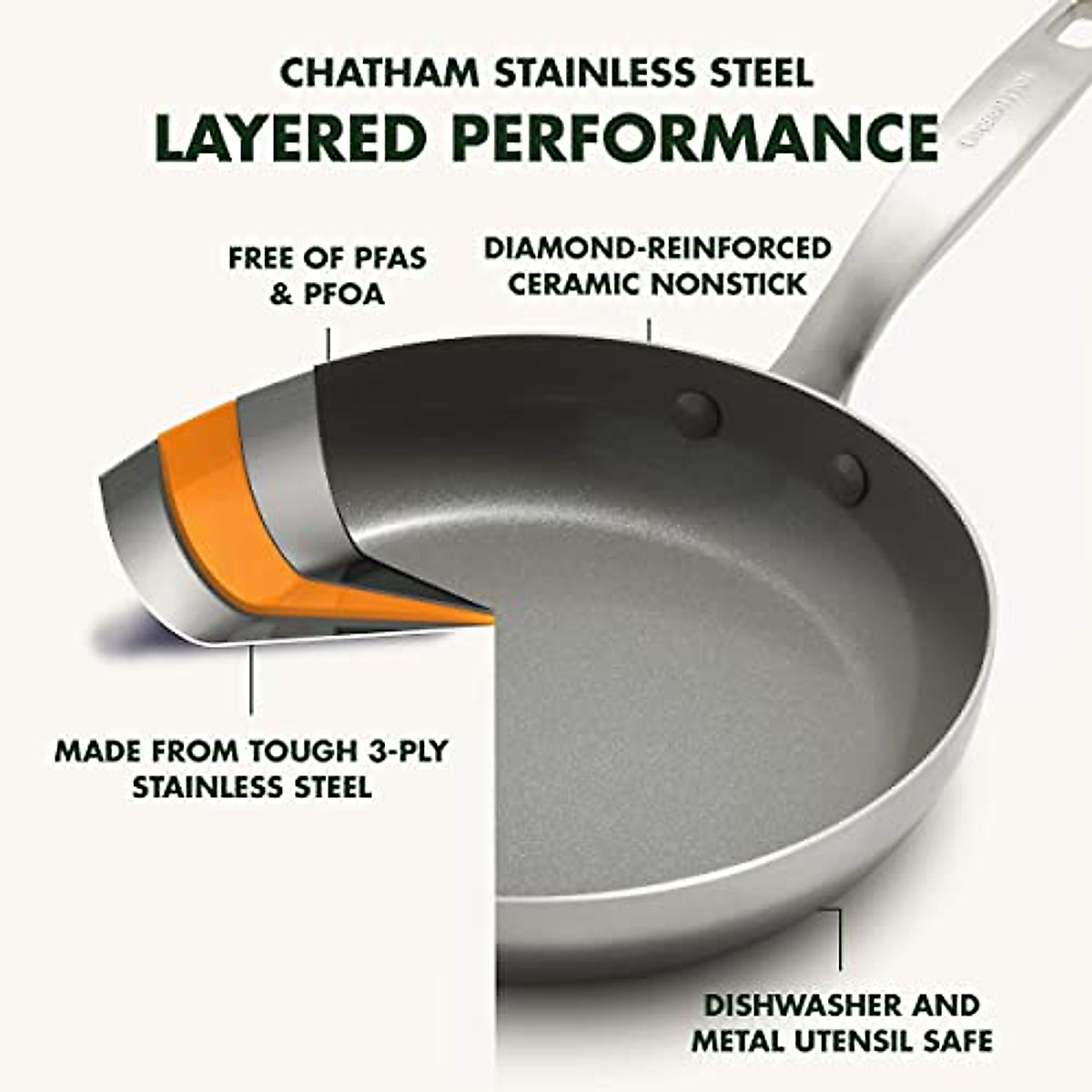 GreenPan Chatham Tri-Ply Stainless Steel Healthy Ceramic Nonstick 10" and 12" Frying Pan Skillet 2-Piece Set, PFAS-Free, Multi Clad, Induction, Dishwasher Safe, Oven Safe, Silver