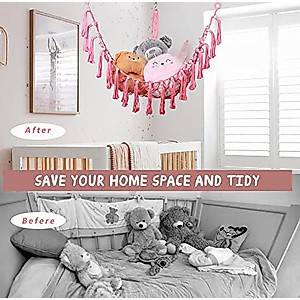 Stuffed Animal Hammock,Boho Plush Toy Net Hammock for Stuffed Animals,Toy Corner Hammock Organizer with Tassel Macrame,Display Holder Net,Net for Stuffed Animals for Nursery Playroom-Pink