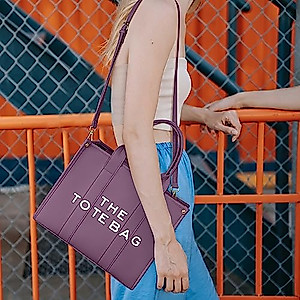 NPBAG The Tote Bag for Women, PU Leather Handbag with Zipper, Crossbody Shoulder Bag for Travel, Work, Top-Handle Trendy Purse (M Purple)