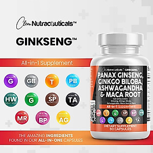 Clean Nutraceuticals Panax Ginseng Ginkgo Biloba Ashwagandha Maca Root - Focus Supplement Pills for Women and Men with Pine Bark Extract, Garlic, and Saw Palmetto - 60 Caps
