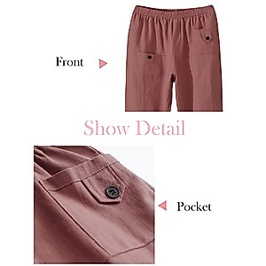 Minibee Women's Elastic Waist Casual Crop Linen Pull On Pants Wine 2XL