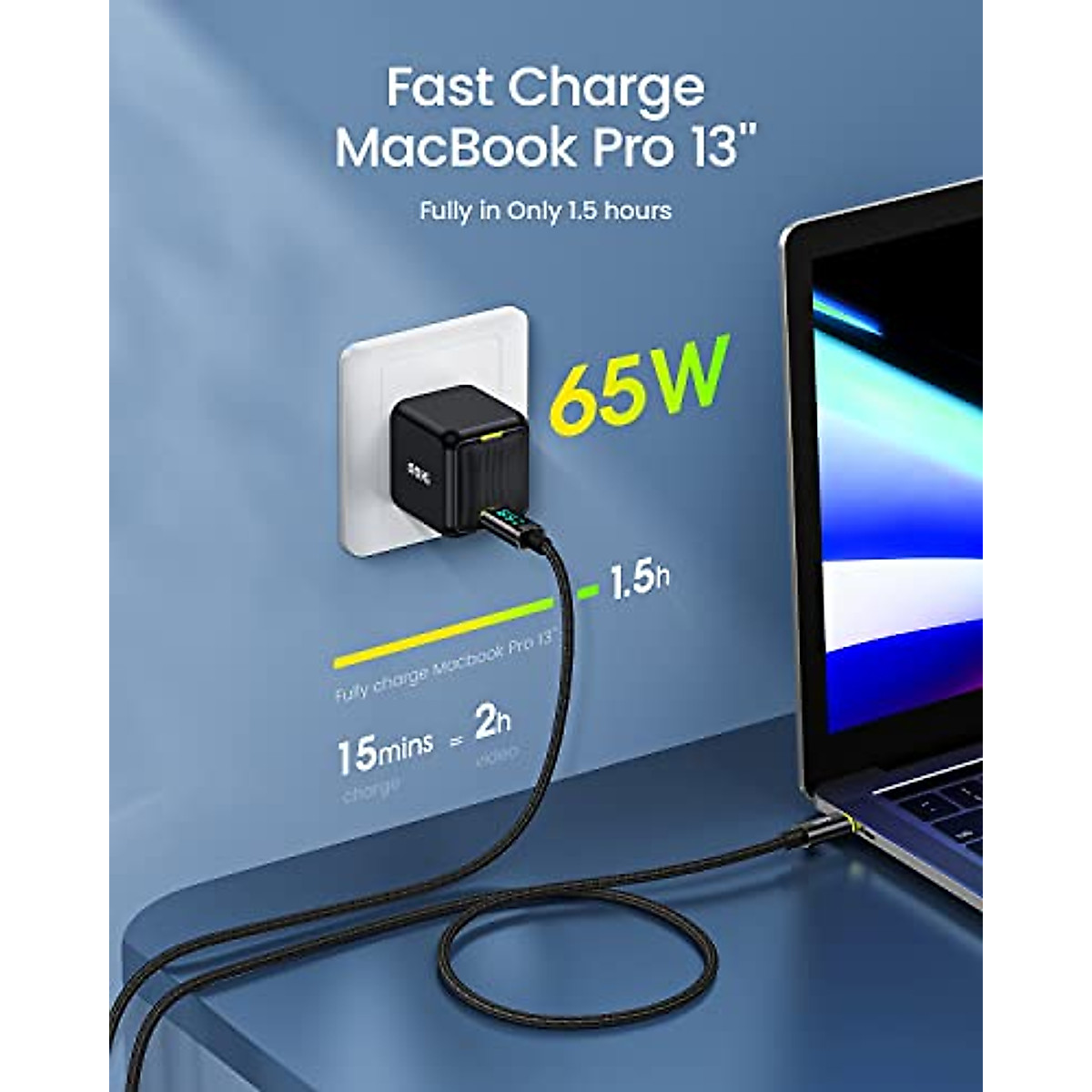 AOHI 65W PD USB C Charger, GaN+ Magcube Mini Fast Wall Charger Power Adapter with 4ft USB C to USB C LED Display Cable for Notebook MacBook Pro/Air, Galaxy S22/S21, iPhone 14/Plus/Pro Max/13/12, Black
