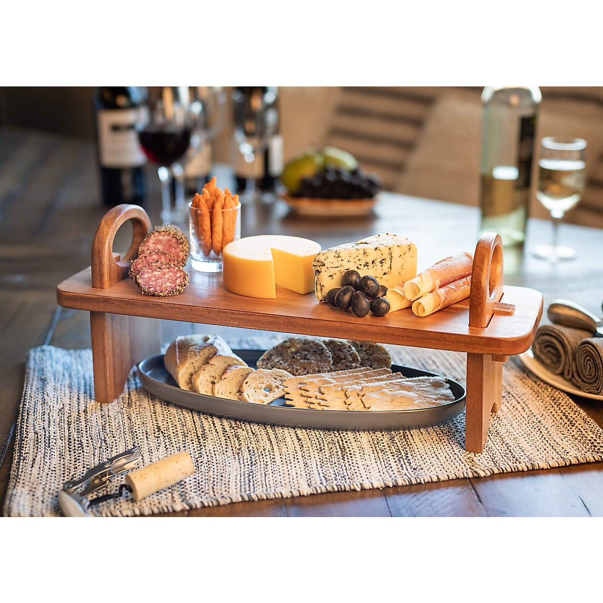 SPEShh Acacia Wood Serving Board on Stand – Contemporary Raised Wooden Serving Platter – Elegant Hand-Finished Home Décor Counter Shelf Organizer & Cheese Charcuterie Boards - 16.5 x 5.5 x 6.7 inches