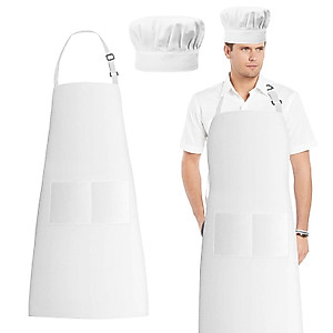 White Chef Apron and Hat Set, Chef Hat and Kitchen Apron with Front Pockets for Adult, Adjustable Apron Baker Costume for Cooking, Baking, Grilling, Restaurant, Men Women Halloween Cosplay Accessories