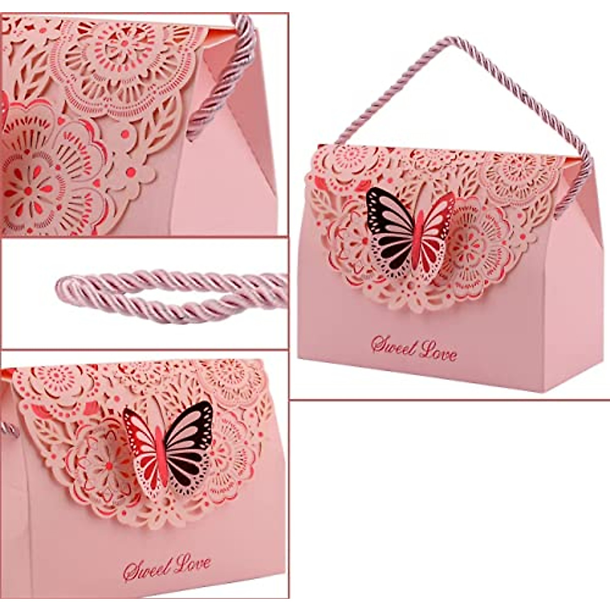 Driew Butterflies Purse Party Favor bags, 20 Pack Baby Shower Candy Gift Chocolate Favor Box Set with Handle for Wedding Decorative, Anniversary, Birthday Parties, Bridal Showers - Pink, 5.8"x2.9"x4.3"