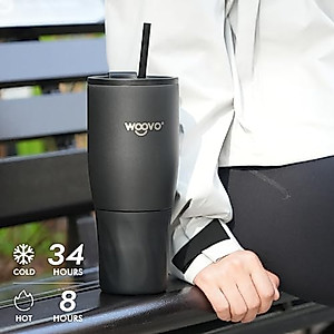 WOOVO 30 oz Tumbler with Lid and Straw - Insulated Double Wall Stainless Steel Water Bottle with SIlicone Boot - BPA Free Dishwasher Safe Tumbler, Reusable 30oz Travel Cup Stay Hot Cold - Black