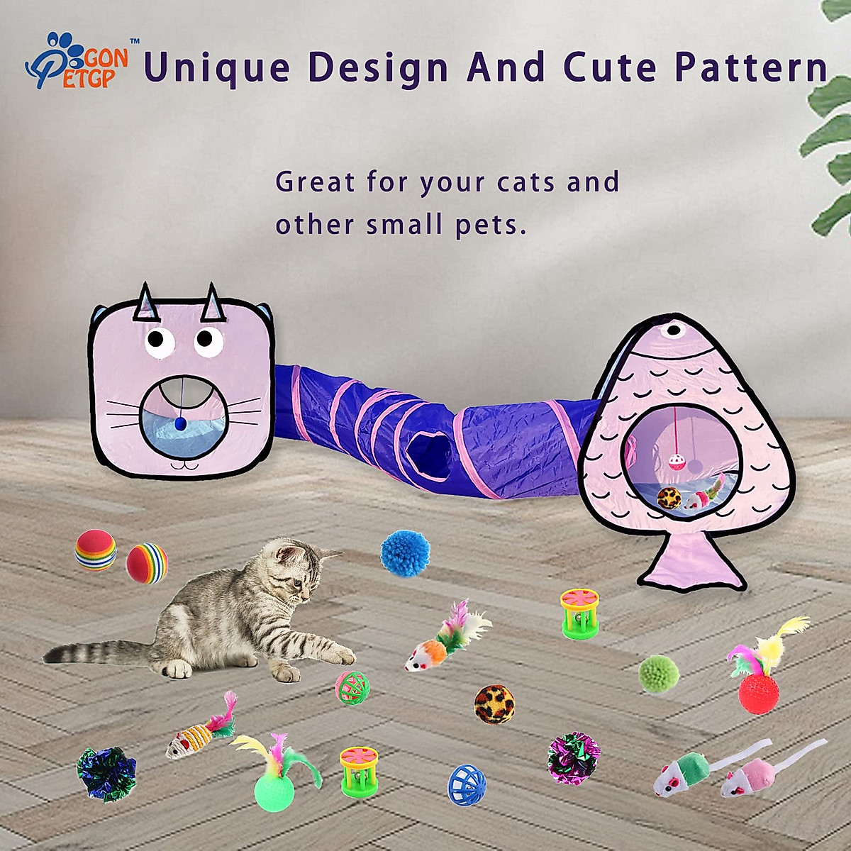 GONPETGP Cat Toys for Indoor Cats, 23 PCS Kitten Toys Set, Collapsible Pet Tunnel Cube Tent Toys, Interactive Cat Feather Teaser Wand Cat Bell Balls Fuzzy Ball Springs Mouse Toys for Cat Kitty