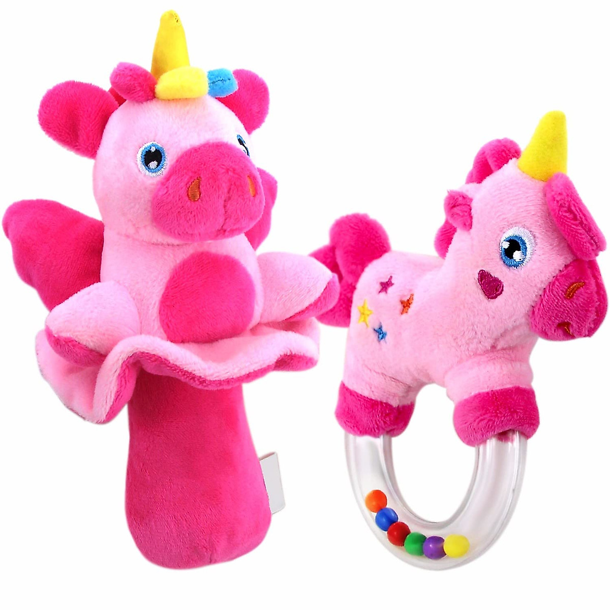 Twocow Baby Rattles 2-Piece Set of Soft Baby Pink Horse and Angel Pig Animal Toys, 0-3-6-9-12 Month-Old Baby, New boy and Girl Baby Bell Animals Plush Toys Gifts