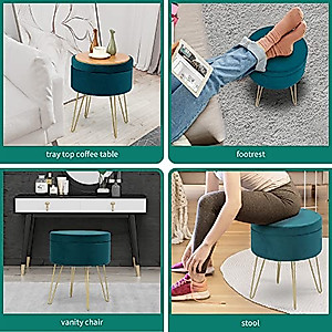 YITAHOME Modern Velvet Upholstered Round Storage Ottoman Footrest Vanity Stool with Gold Metal Legs & Tray Top Coffee Table Having 17.5” Height and Holds Upto 330 Lbs (Teal)