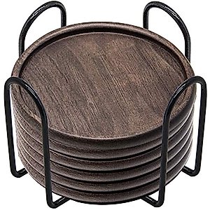 Wood Drink Coasters with Metal Holder, GOH DODD 4 Inch 6 Pieces Wooden Coasters Cup Coaster Set for Bar Kitchen Home Apartment, Walnut Wood