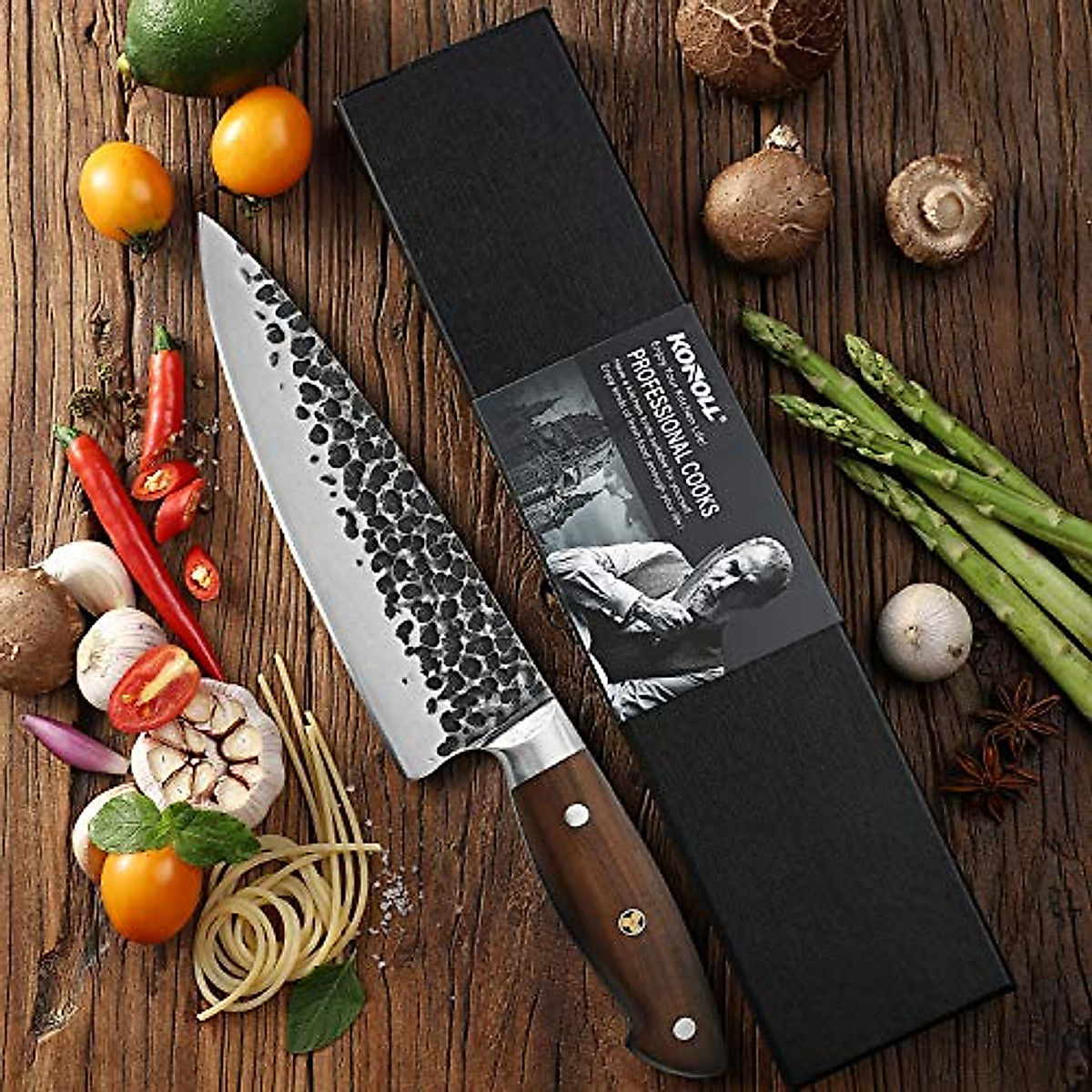 KONOLL Chef Knife Forged Handmade 8 Inch Professional Kitchen Knife, Meat Cleaver HC Stainless German Steel with Full Tang Wood Handle