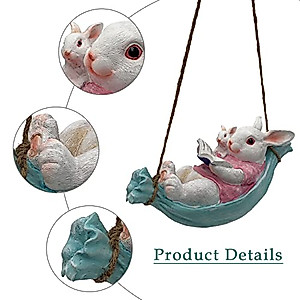 Usupgift Pink Swing Rabbit Garden Statues Cute Rabbit Figures Tree Hanging Sculpture (8.9"X4.3"X 3.9") for Outdoor Décor Garden Patio Yard Lawn