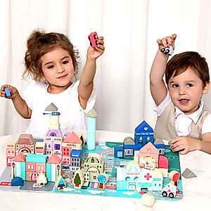 Lewo 115 PCS Wooden Building Blocks with City Map Construction Building Sets City Building Blocks Stacking Blocks Preschool Educational Learning Toys for 3 4 5 6 Years Old Kids Boys Girls Children