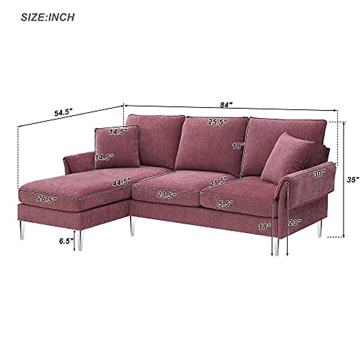 FANYE 84" L-Shaped Upholstered Corner Sectional 3 Seaters Sofa, Modern Chenille Upholstery Metal Legs Couch with Reversible Chaise and 2 Pillows for Home Apartment Office Living Room, Pink