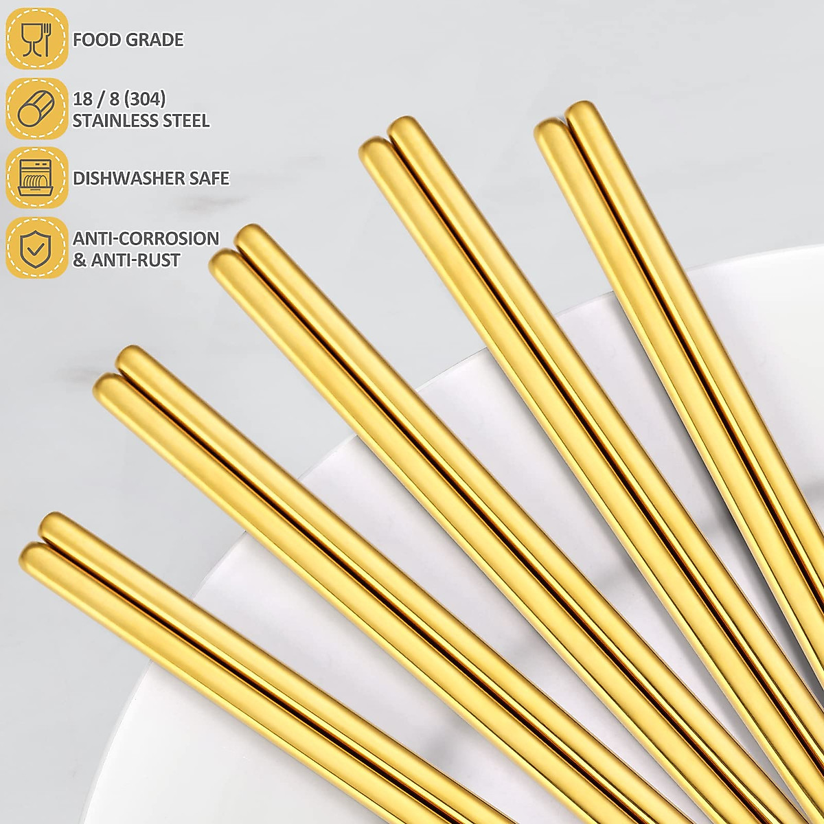 OIULO Gold Stainless Steel Chopsticks - Reusable Chopsticks - 5 Pairs Dishwasher Safe Metal Chopsticks - Easy to Use - Pressure Line Lightweight Chop Sticks- Gift Set（9 Inch ）