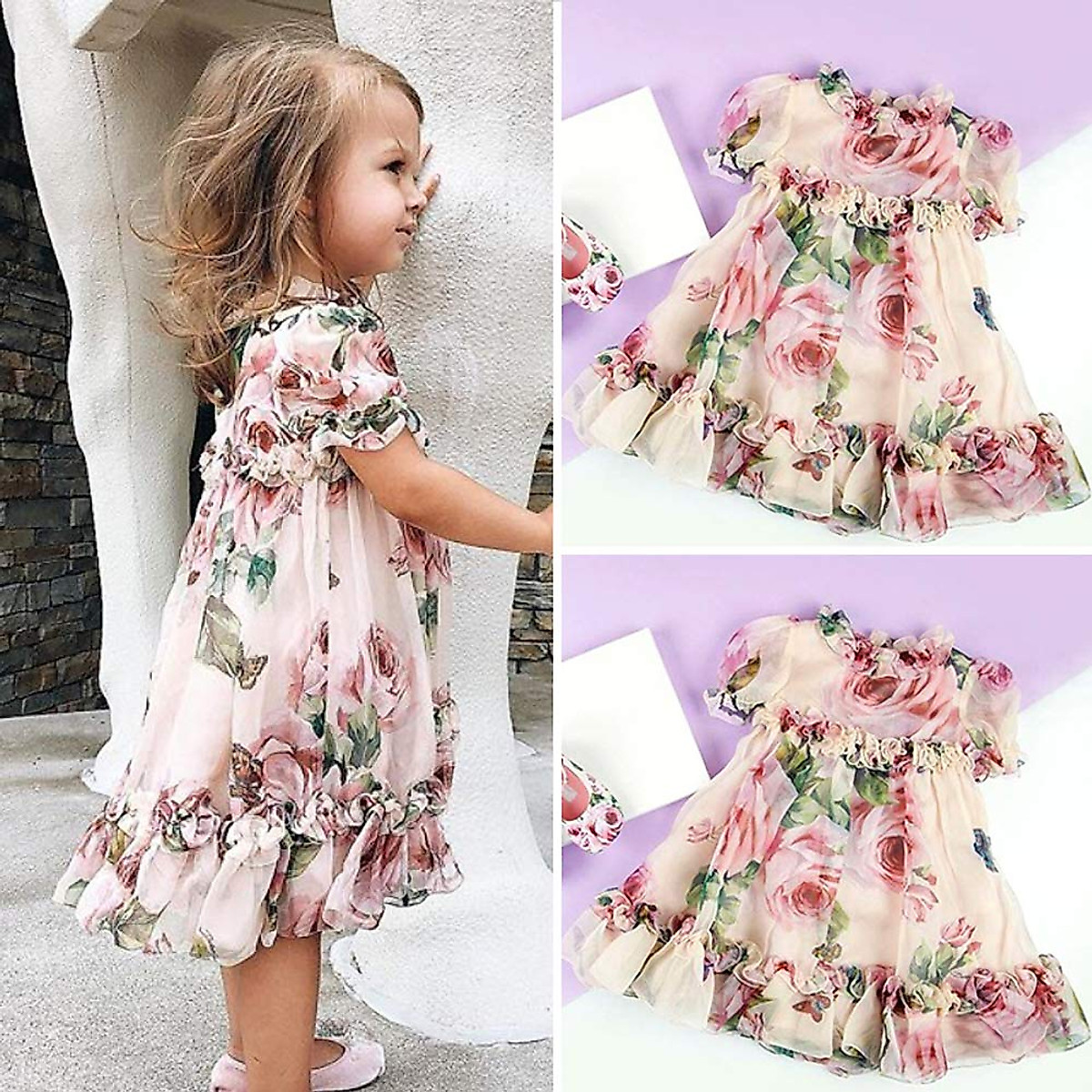 Toddler Baby Girls Flower Print Ruffles Princess Dress Sundress Clothes Outfit (6-12 Months, Pink)