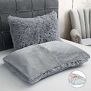 Fluffy Plush Duvet Cover Set Queen Size, Luxury Ultra Soft Velvet Fuzzy Comforter Cover Bed Sets 4Pcs(1 Faux Fur Duvet Cover + 2 Pillow Cases + 1 Pillow Cover) Zipper Closure (Light Gray)