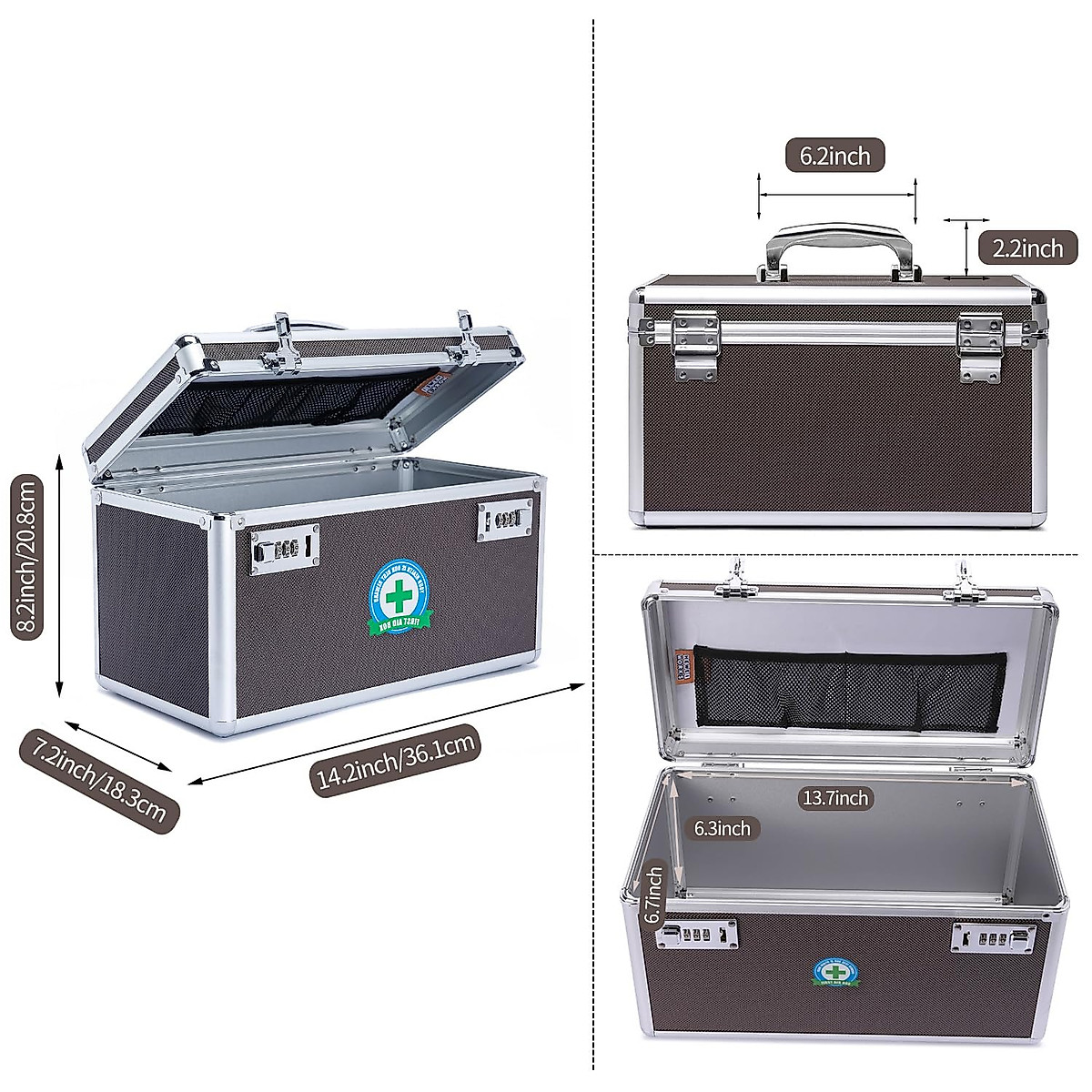HEWEI WORKS Locking Box with Portable Storage Case, 14.2''x 7.2''x 8.2''，Childproof Medication Lock Organizer, Lockbox for Documents & Valuables (Coffee/Large)