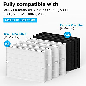 5300 Replacement Filter 115115 Filter A, Compatible with Winix PlasmWave Air Purifier 5300, C535, 5300-2, 6300-2, P300, 4 H13 True HEPA with 4 Carbon Pre-filters