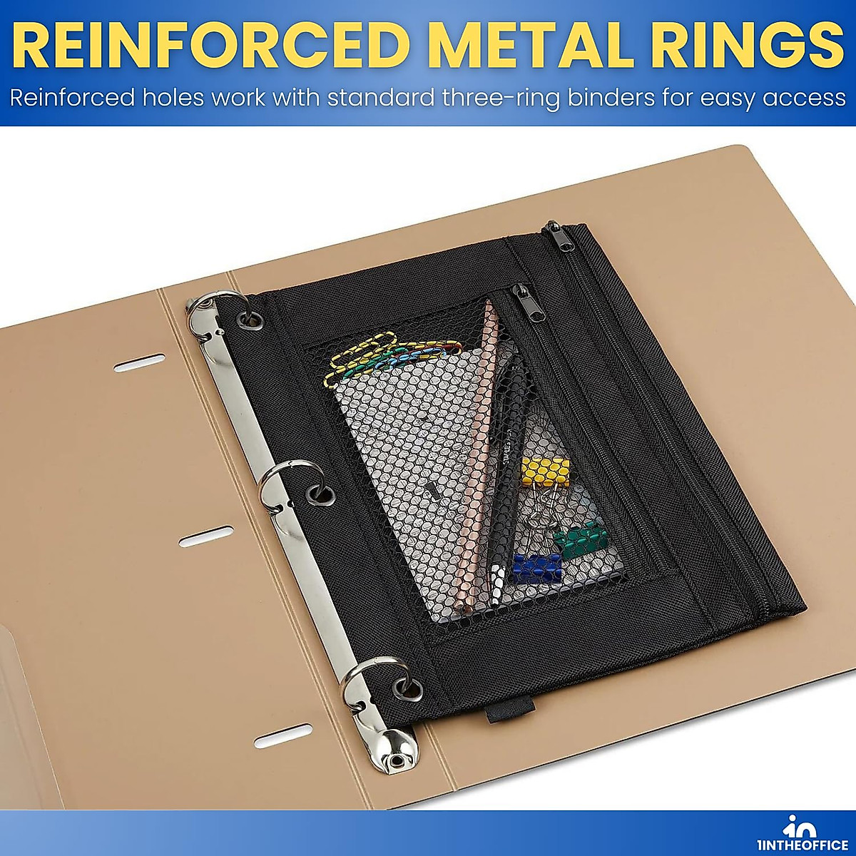 1InTheOffice Black Pencil Pouch, 3 Ring Binder Pencil Bag, Pencil Case with Double Pocket and Mesh Window, 4 Pack (Canvas Black)