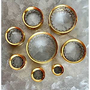 Lobal Domination PAIR of Inner Clear Square Gems & Gold Ion Plated Steel Saddle Tunnels Double Flare Plugs Gauges (7/8" (22mm))