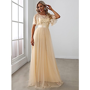 Ever-Pretty Women's Custom Sequin Embroidery Curvy Round Neck High Waist Ruffles Sleeves Long Formal Dresses Gold 9XL