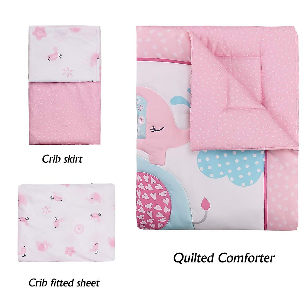 Pink Elephant Baby Crib Bedding Set 3 Pieces Baby Nursery Bedding Sets for Girls with Baby Comforter,Crib Fitted Sheet, Crib Skirt