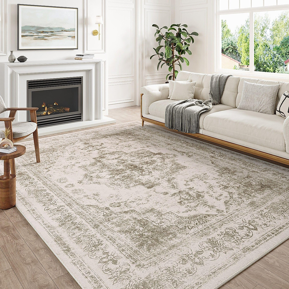 PureCozy Vintage Area Rug 8x10 Indoor Bedroom Rug Taupe Medallion Washable Living Room Carpet Retro Accent Throw Rug Distressed Rug for Office Dining Room Nursery
