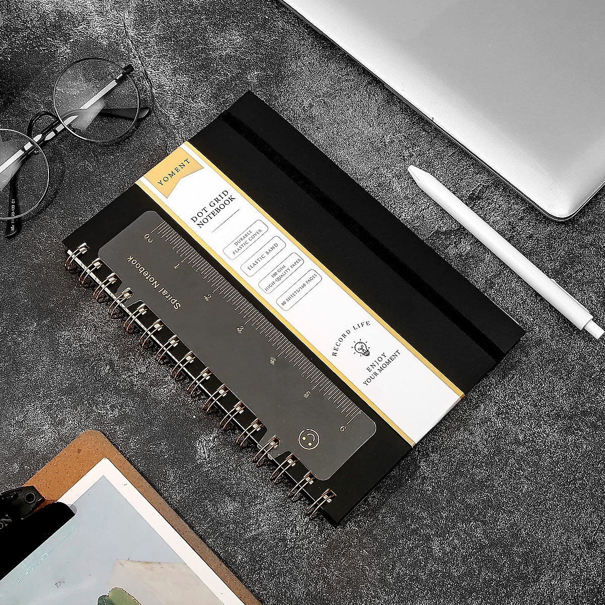 Dot Grid Spiral Notebook A5 Spiral Bullet Dotted Journal 160 Pages Thick Dot Paper Notebooks Plastic Hardcover Spiral Notebook 5x7 Wire Bound Notebooks for Note Taking School Office Supplies,Black