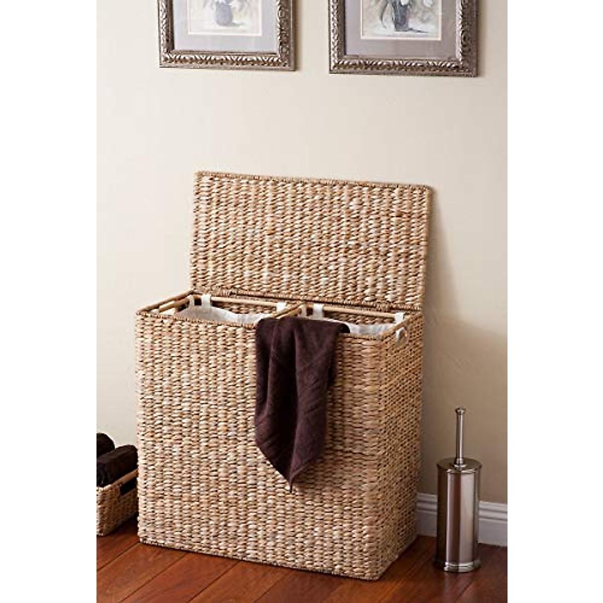 BirdRock Home Oversized Divided Hamper with Liners (Honey) - Made of Natural Woven Seagrass Fiber - Organize Laundry - Cut-Out Handles for Easy Transport - Includes 2 Liners