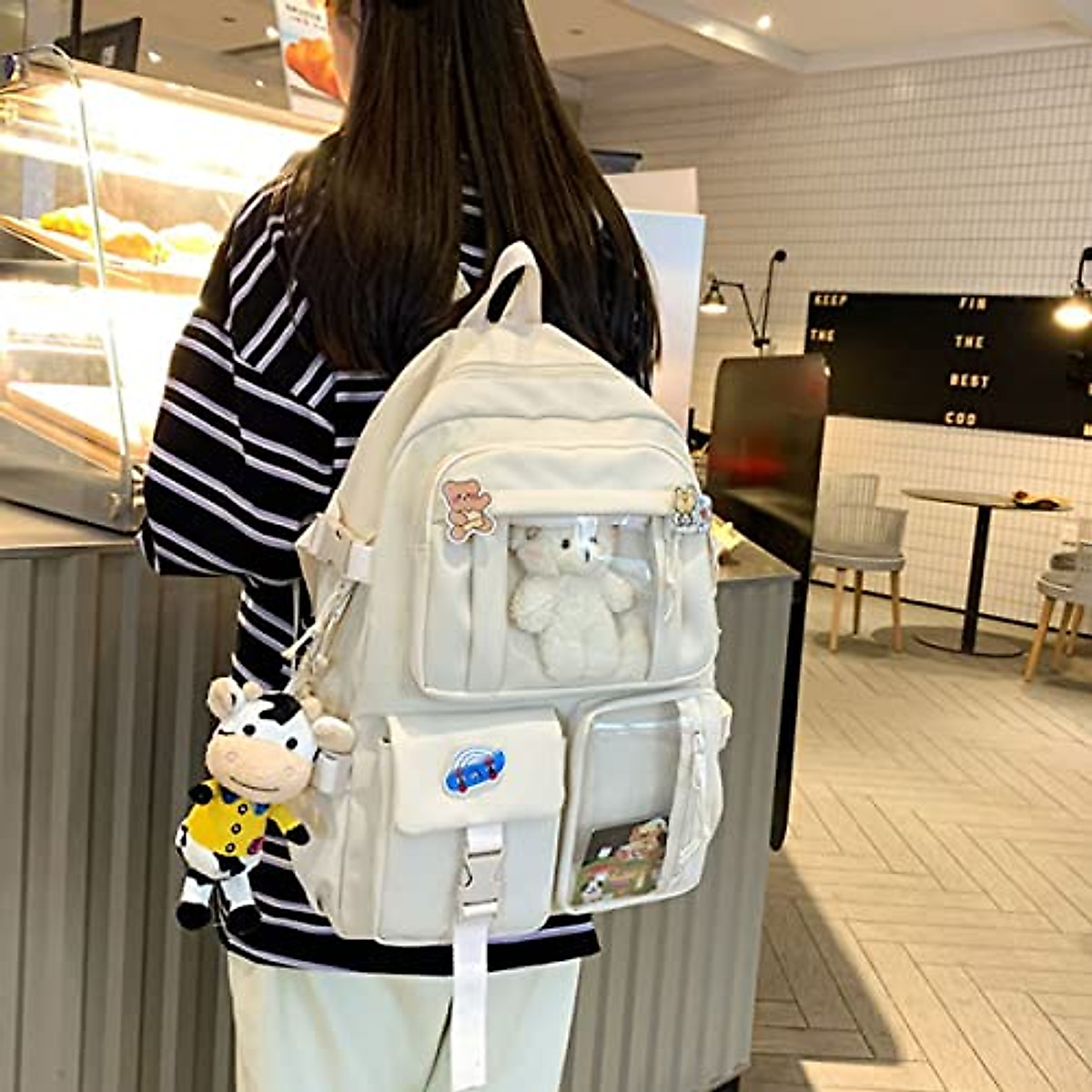 KOWVOWZ Kawaii Backpack for Teen Girls Aesthetic Student Bookbags with Cute pin bear pendant harajuku school nylon waterproof (white)